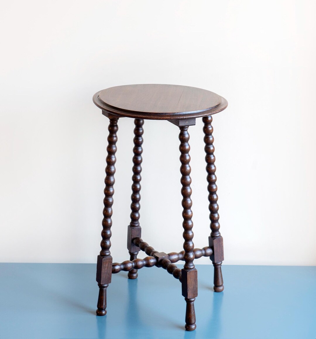 Round Bobbin Table, Antique Wooden Side Table With Turned Legs, 1920s ...
