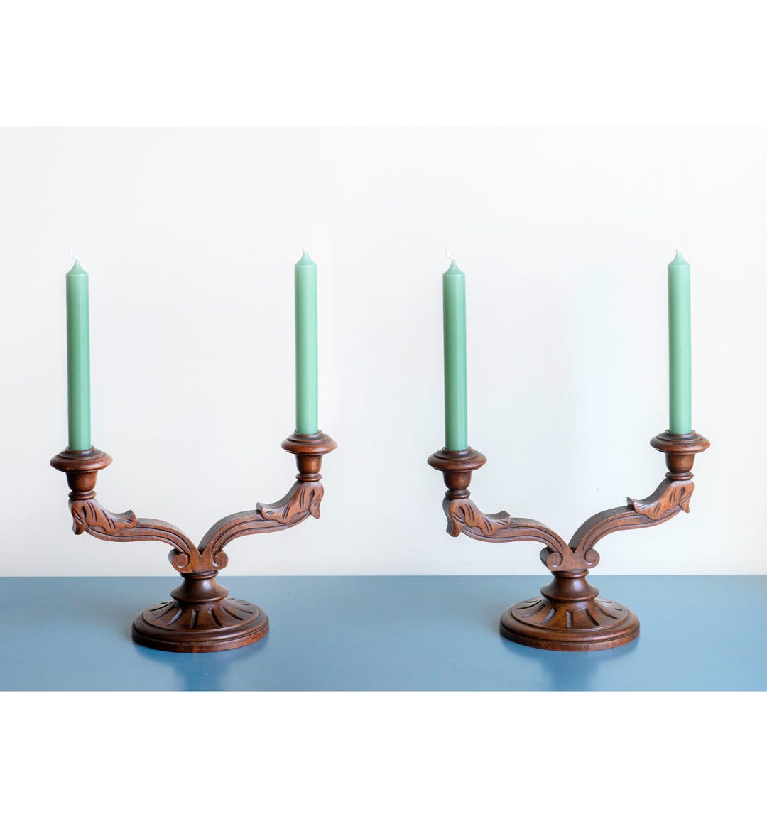 Two Art Deco Candle Holders, Antique Oak Wooden Candlesticks, Victorian ...