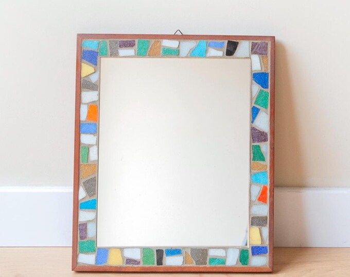 Vintage Mosaic Mirror, Rectangle Tiled Wooden Frame Wall Mirror, Mid ...