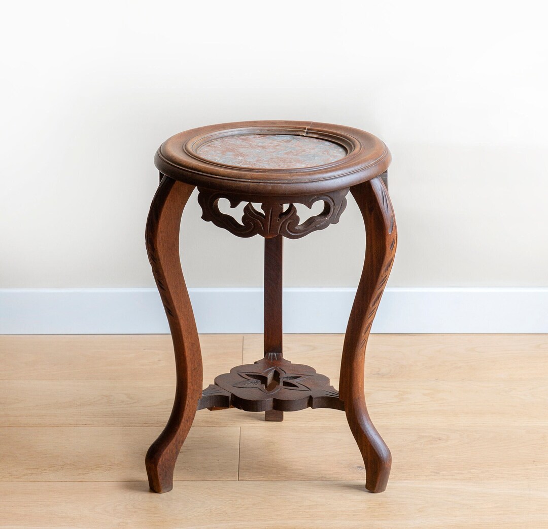 Antique Wooden Side Table, Marble Top, Art Nouveau Table With Bend Legs ...
