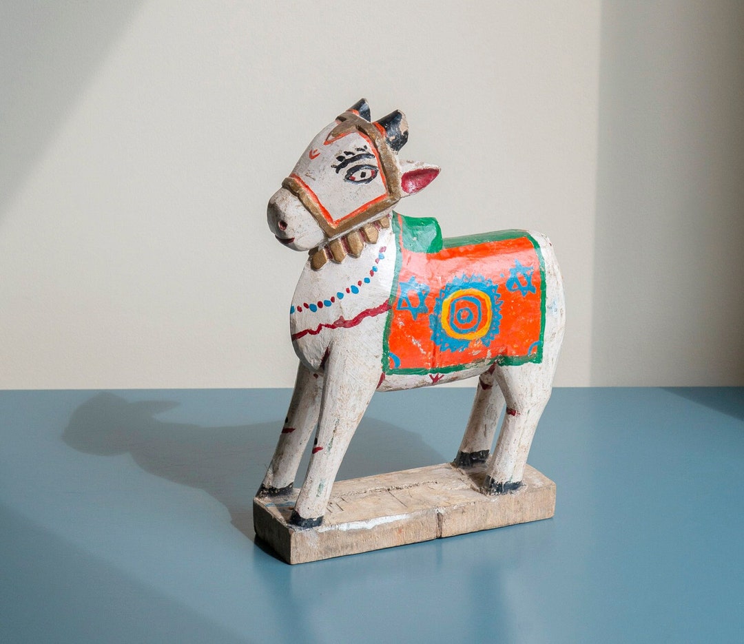 Antique Indian Nandi Cow, Carved Wooden Statue, Folk Art, Decorative ...