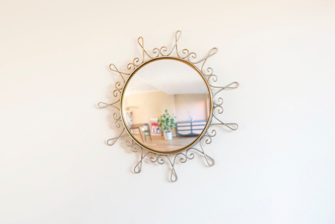 Round Convex Golden Wall Mirror, 1960s Design, Decorative Sunburst ...