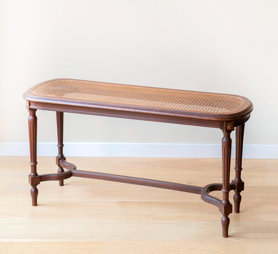 Antique French Wooden Bench With Cane Webbing Seat - Low Side Table ...