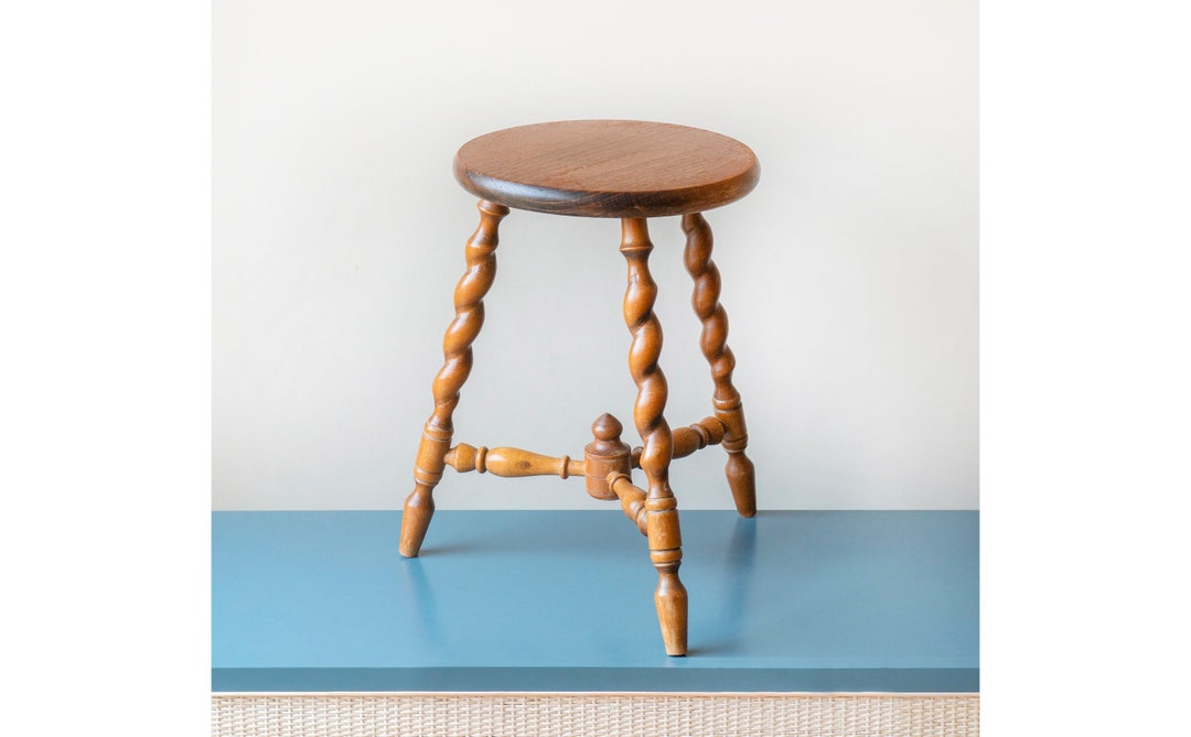 Antique Round Stool With Turned Legs, Old Farmers Stool, Barley Twist ...