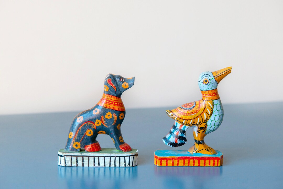 Set of 2 Indian Pattachitra Art Statues, Dog and Bird Figurine ...