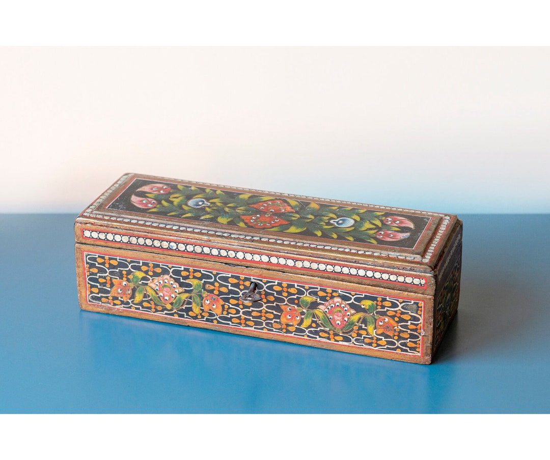Antique Folklore Storage Box With Lock, Old Indian Hand Painted Floral ...