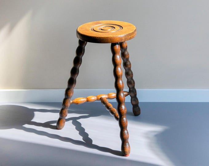 Round Bobbin Stool, French Milking Stool, Wooden Plant Stand, Hand ...