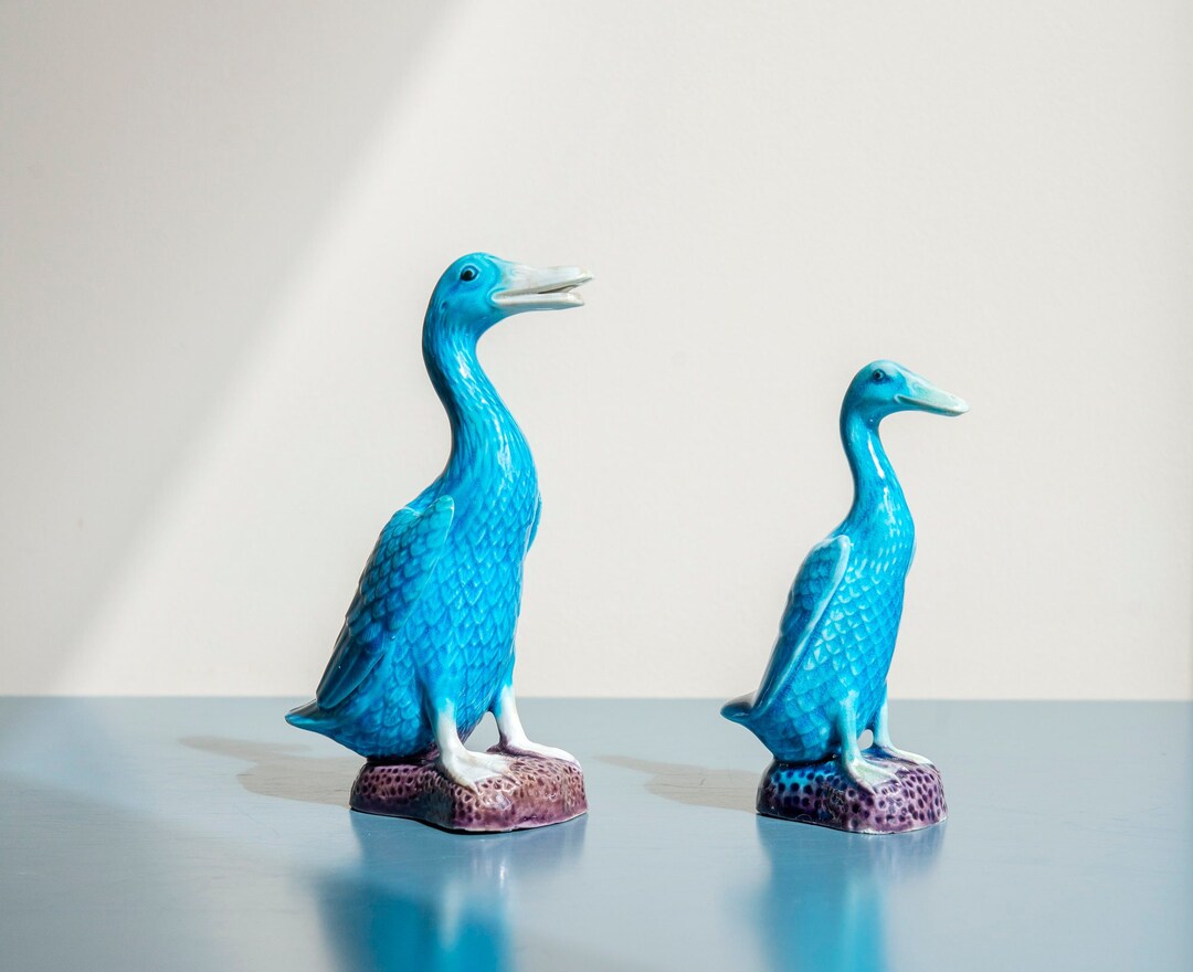 Set of 2 Porcelain Blue Duck Statues, Chinese Pottery Figurine Pair ...