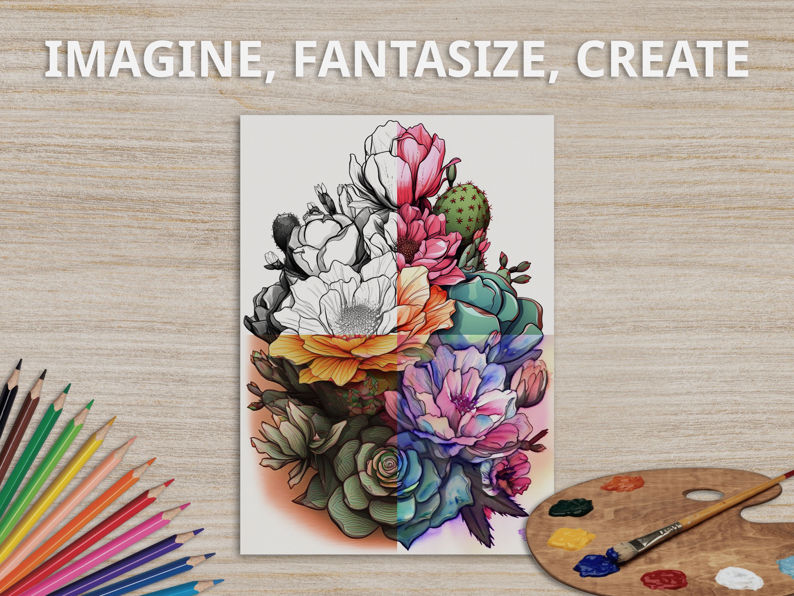 50 Floral Cactus Coloring Book, Succulent Coloring Pages, Botanical ...