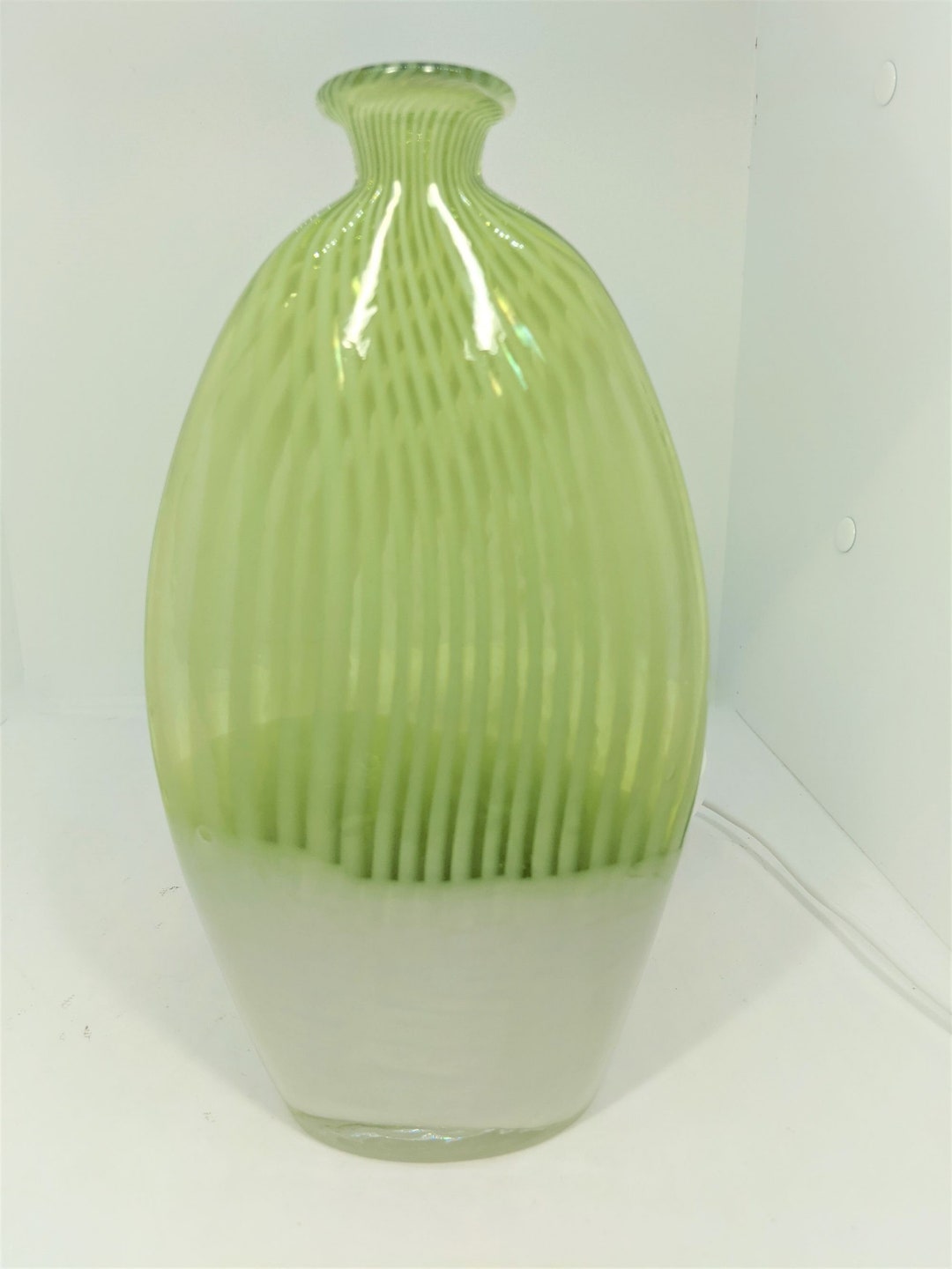 Hand Blown Murano Styled Art Glass Vase Green Striped Mezza Filligrana ...