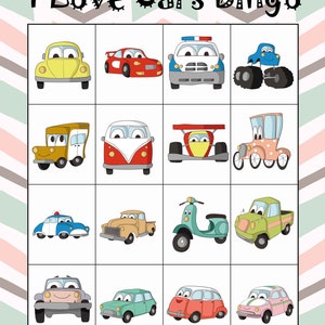 I Love Cars Bingo Cards for 10 and Memory Game | Printable Bingo Cards ...