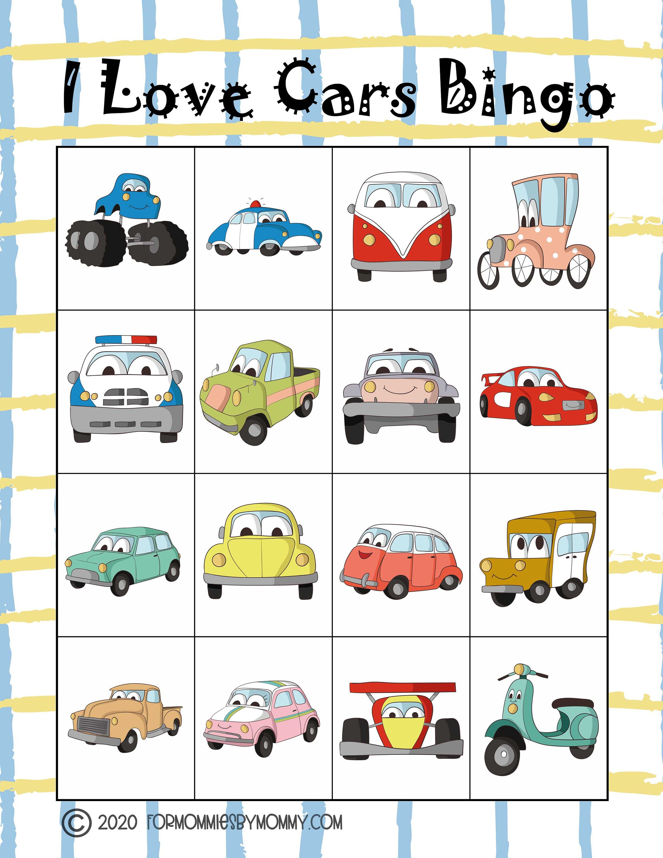 I Love Cars Bingo Cards for 10 and Memory Game | Printable Bingo Cards ...