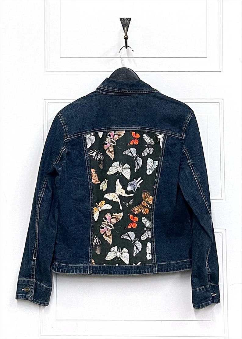 Upcycled Jean Jacket, Nature Inspired Dark Blue Denim Jacket, Moth ...