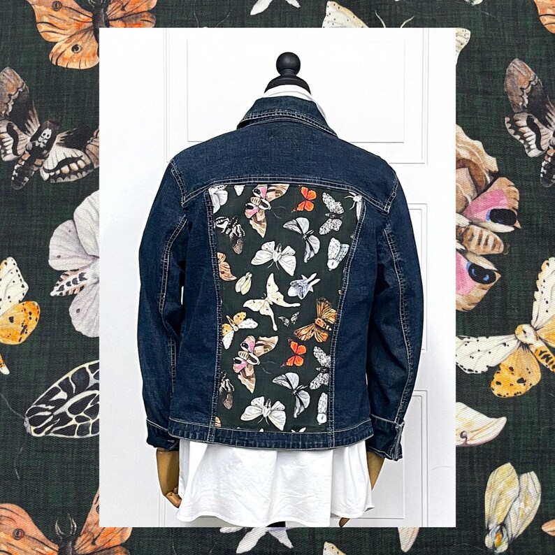Upcycled Jean Jacket, Nature Inspired Dark Blue Denim Jacket, Moth ...