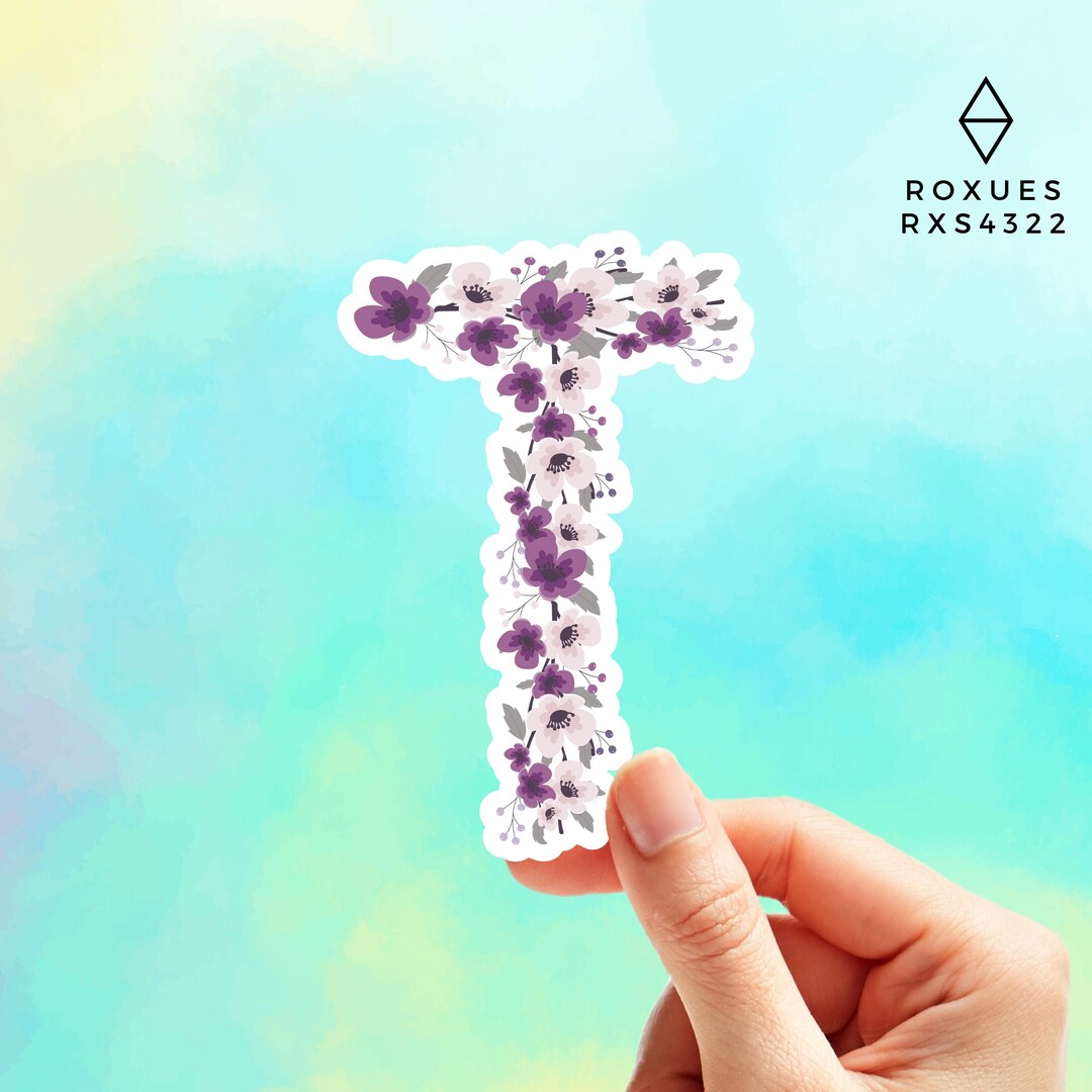 Flower Letters T Sticker, Water Bottle Sticker, Laptop Sticker, Name ...