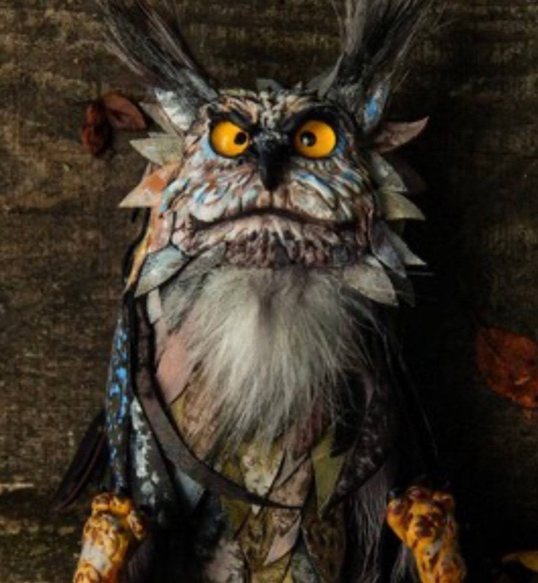 Spooky Mr. Grumpy Owl Hand Sculpted Doll Unique Cute Collectable OOAK by Belarusian Artist Adel ...