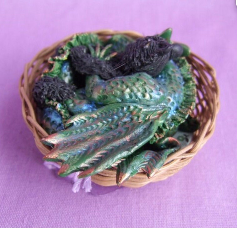 Dollhouse Miniature Dragon and Cat by Artist Alexandra Blythe - Etsy