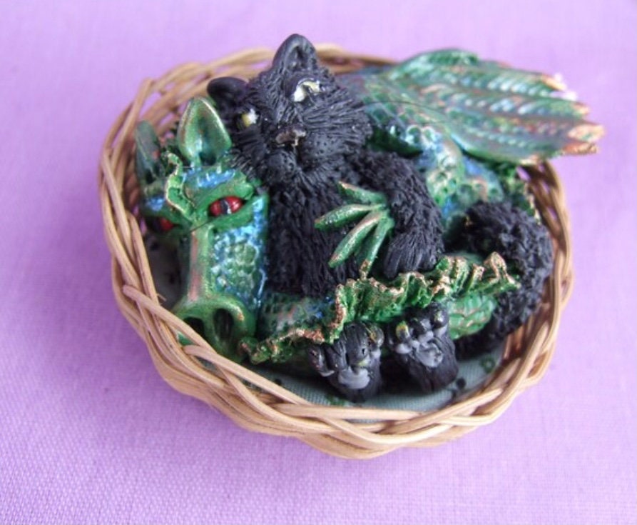 Dollhouse Miniature Dragon and Cat by Artist Alexandra Blythe - Etsy