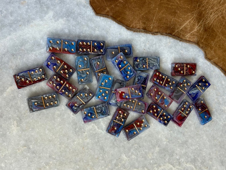 Resin Swirled Dominoes in Red, Blue, Silver and White. Standard Double ...