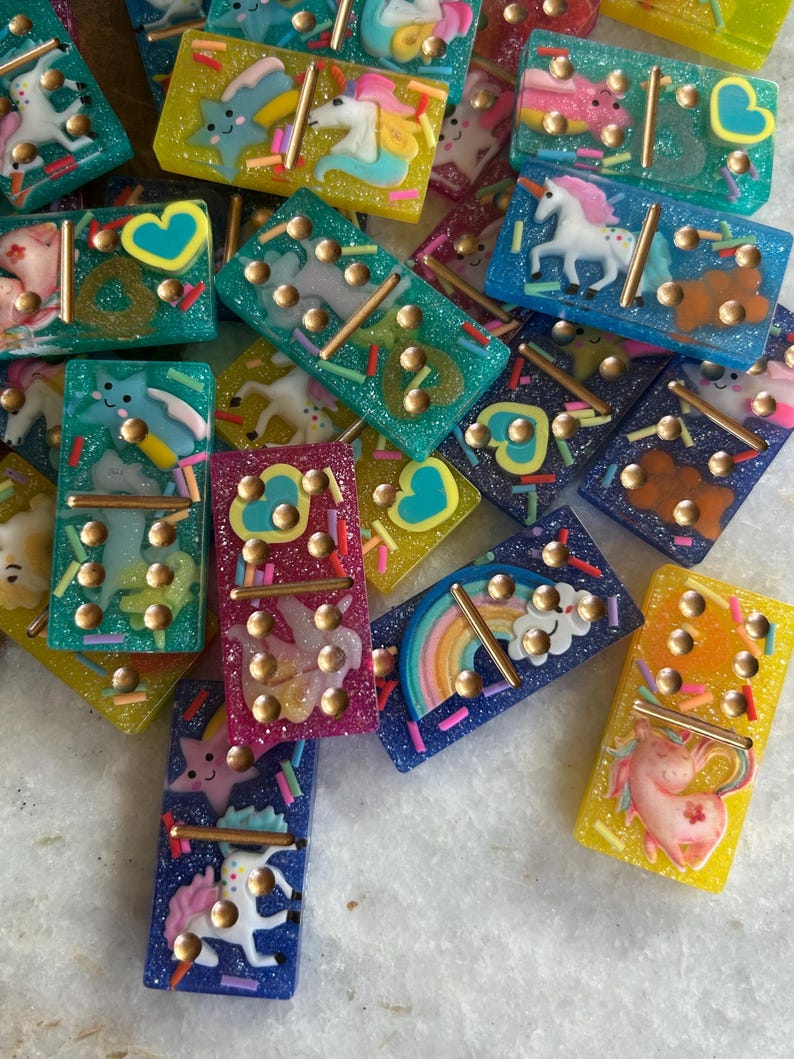 Super Cute Resin Dominoes Set With Mini Unicorns & Rainbow, and Hearts ...
