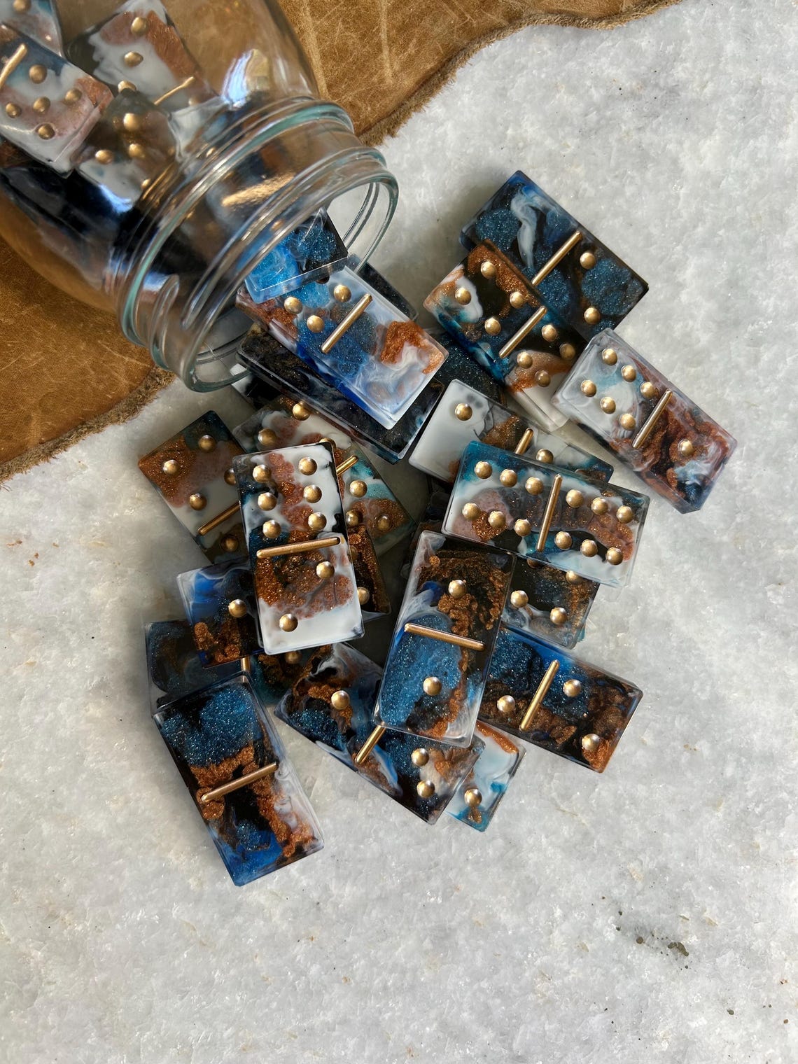 Resin Swirled Dominoes Set in Blue, White, Black, and Copper. Standard ...