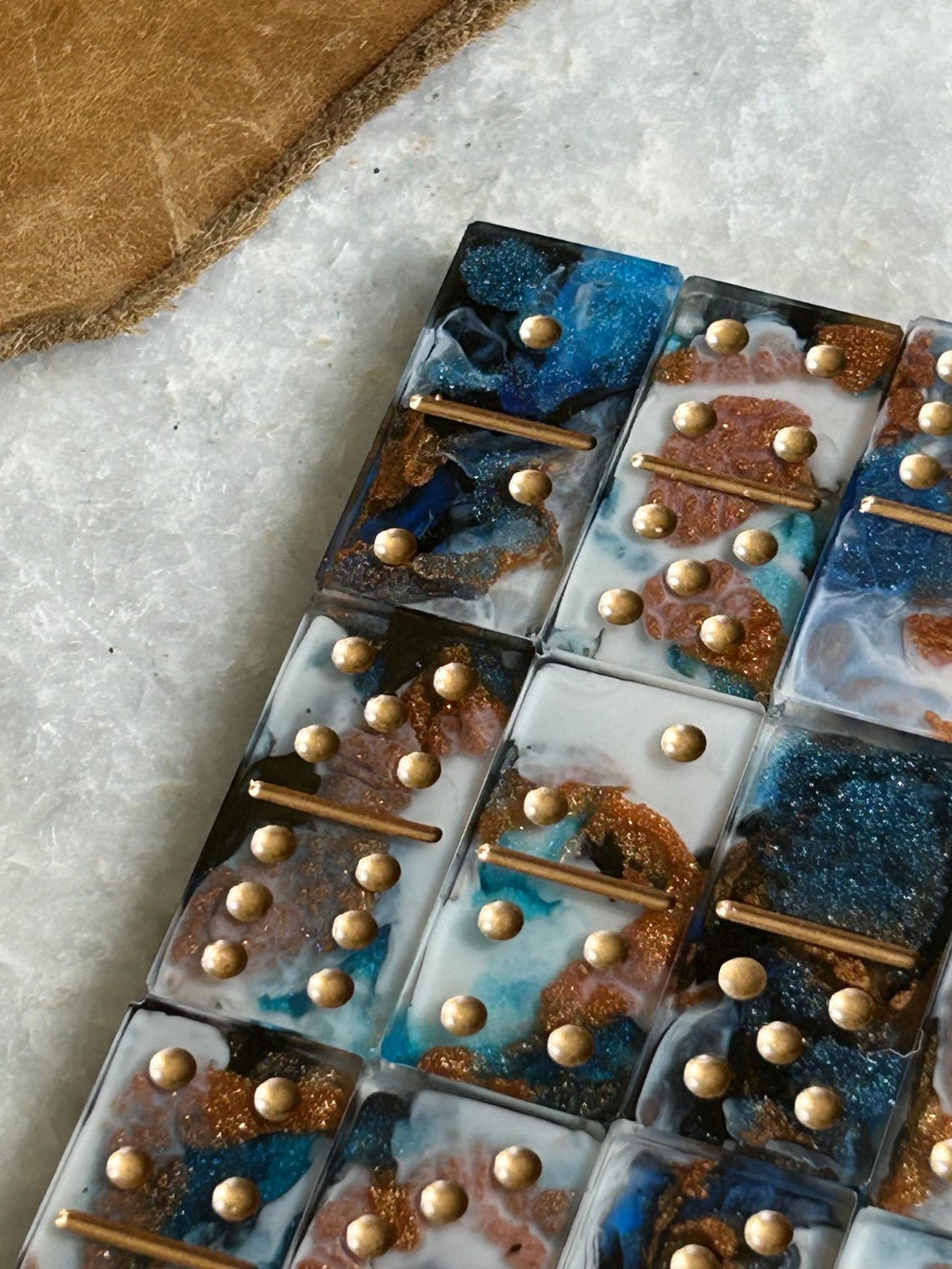 Resin Swirled Dominoes Set in Blue, White, Black, and Copper. Standard ...