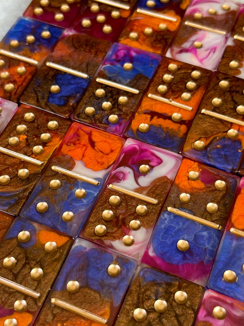Resin Swirled Dominoes in Red, Blue, Brown, Orange and White. Standard ...