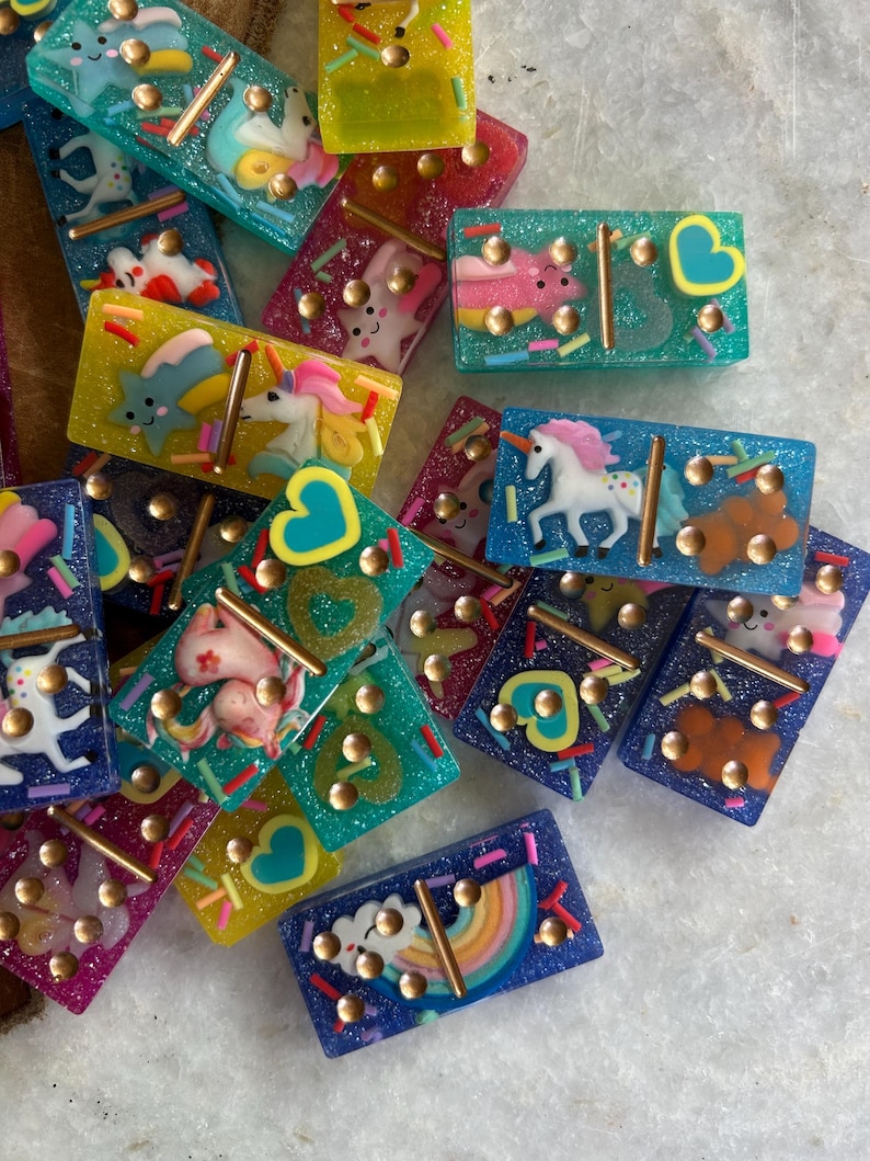 Super Cute Resin Dominoes Set With Mini Unicorns & Rainbow, and Hearts ...