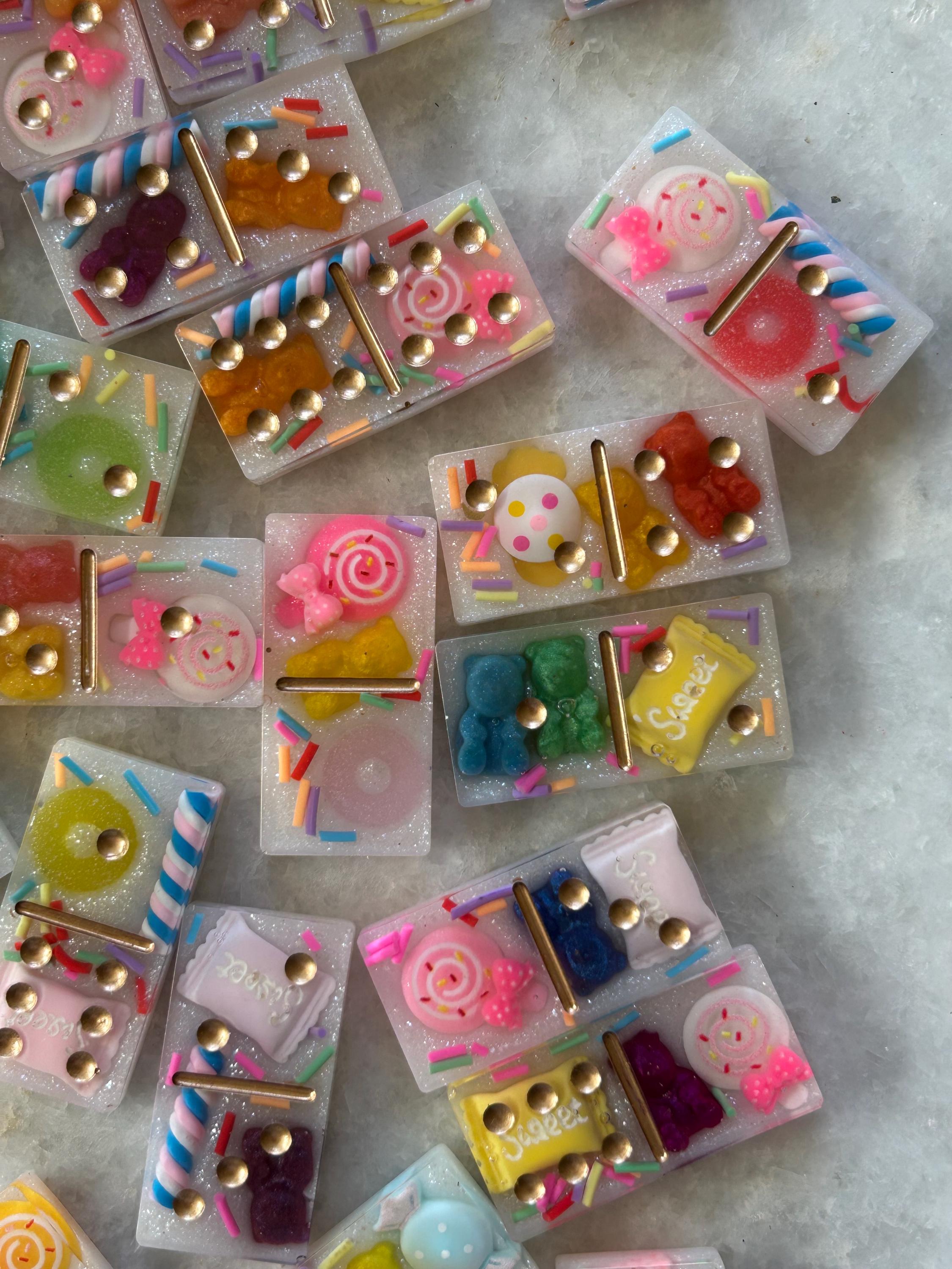 Mini Candy Resin Dominoes Set! White Glittered Background With Fun ...