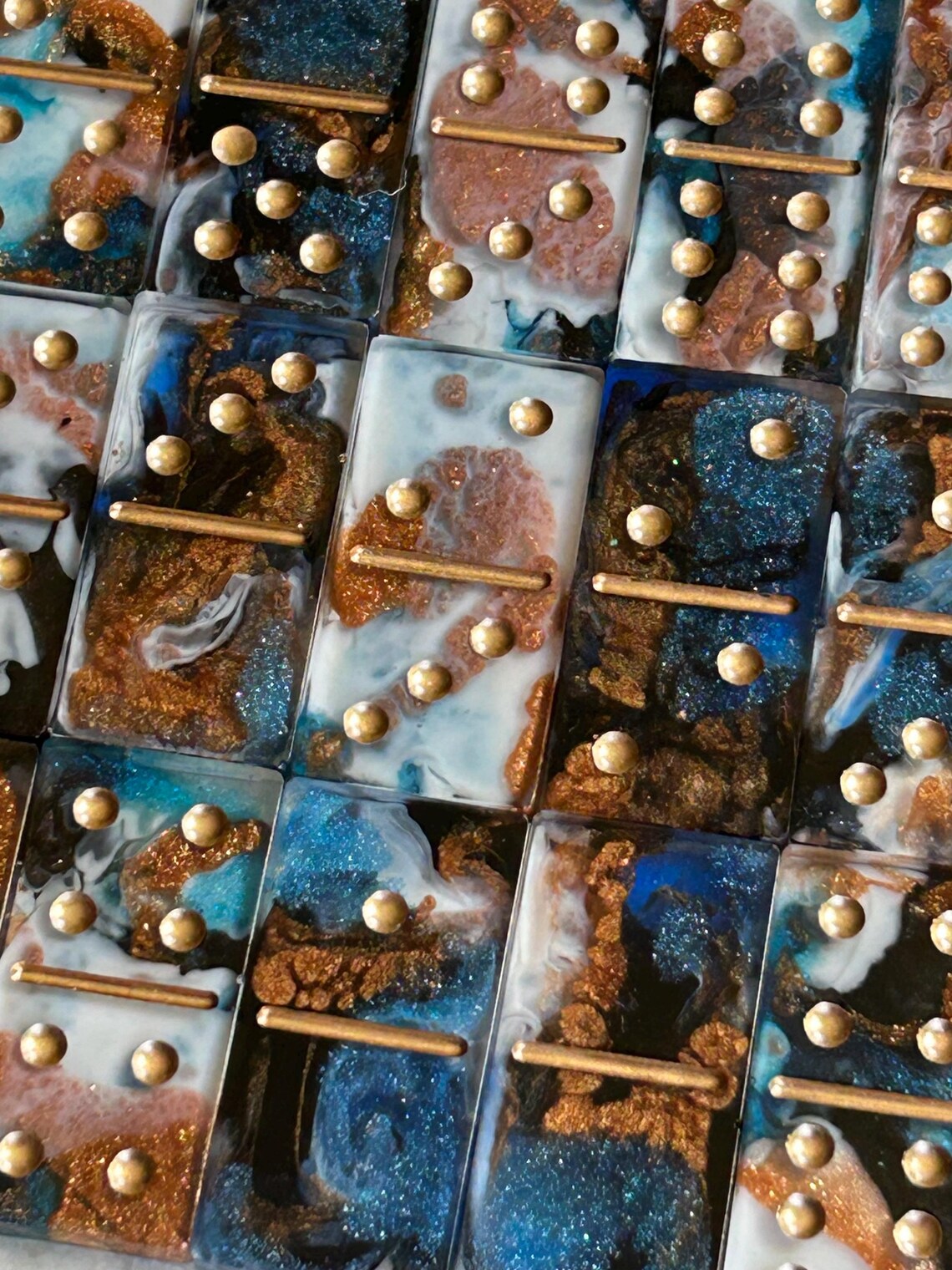 Resin Swirled Dominoes Set in Blue, White, Black, and Copper. Standard ...