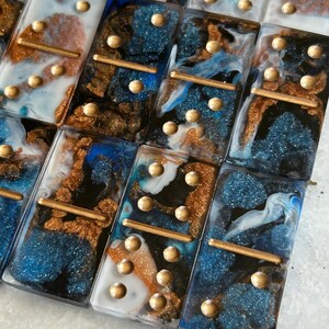 Resin Swirled Dominoes Set in Blue, White, Black, and Copper. Standard ...