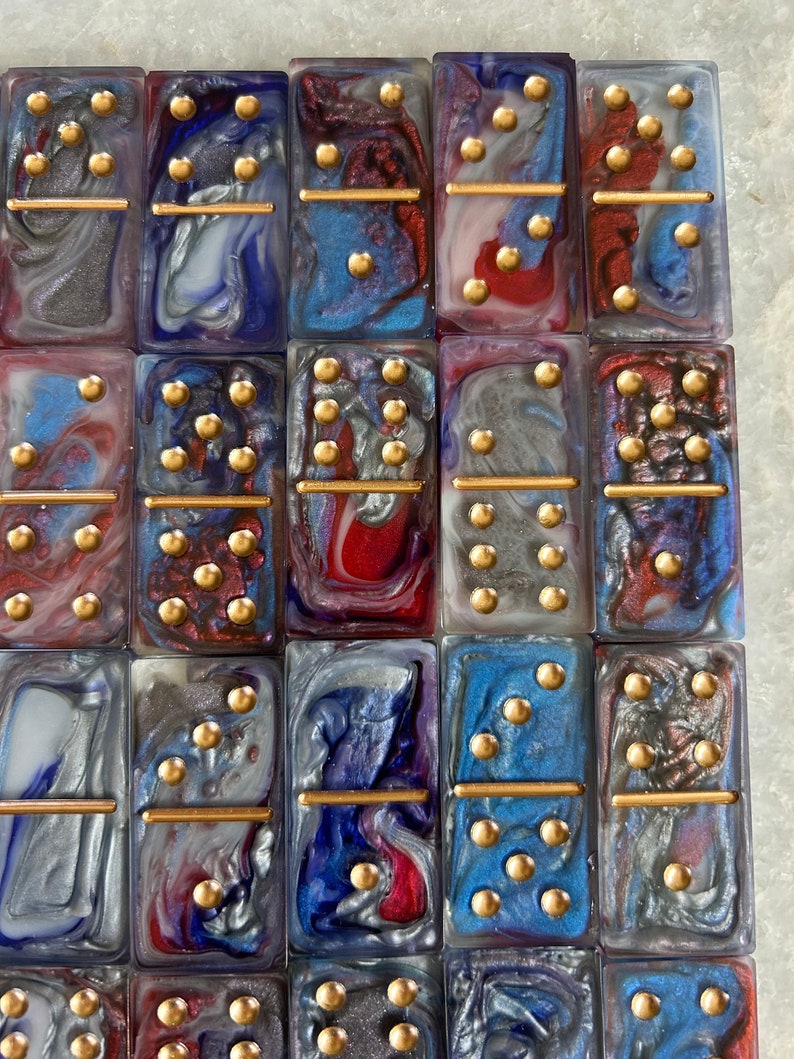 Resin Swirled Dominoes in Red, Blue, Silver and White. Standard Double ...