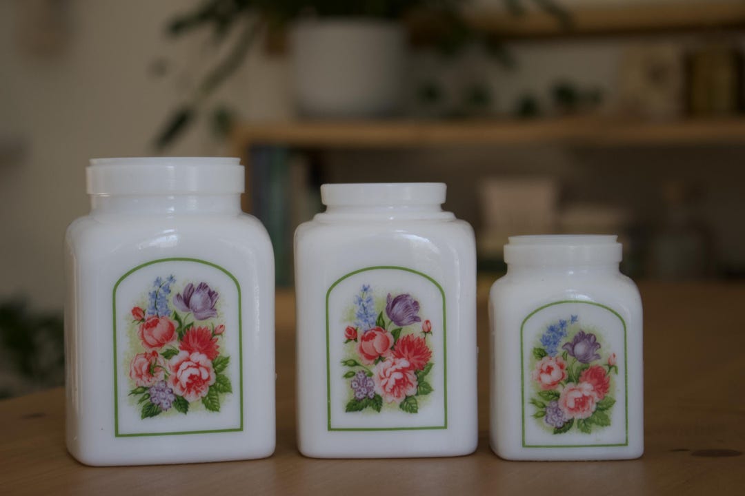 1970s Avon Milk Glass Floral Jars (bird of Paradise Powder Sachet Label ...