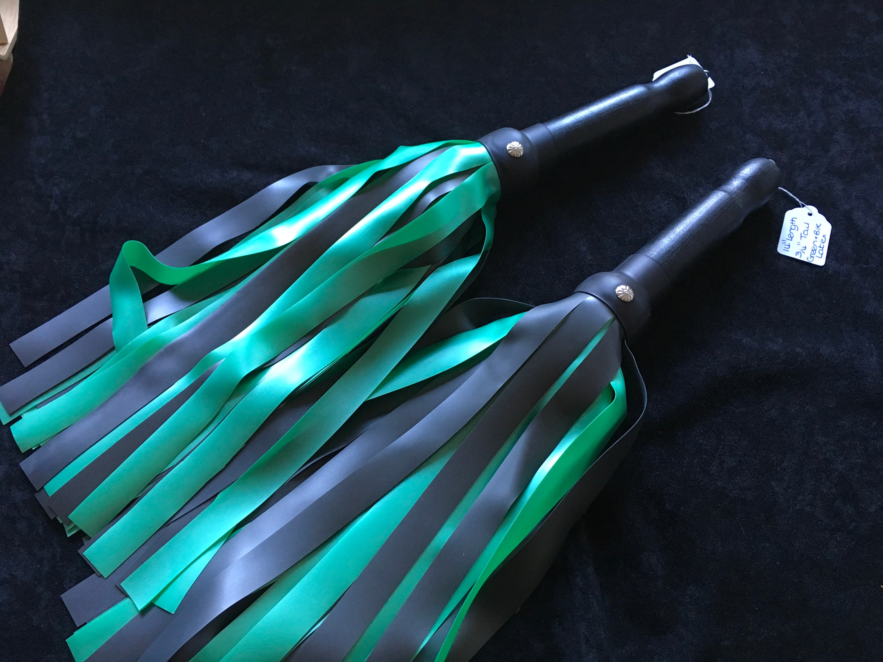 Green & Black Double Set Latex Flogger 48 14” 3/4” Tails vegan flogger ...