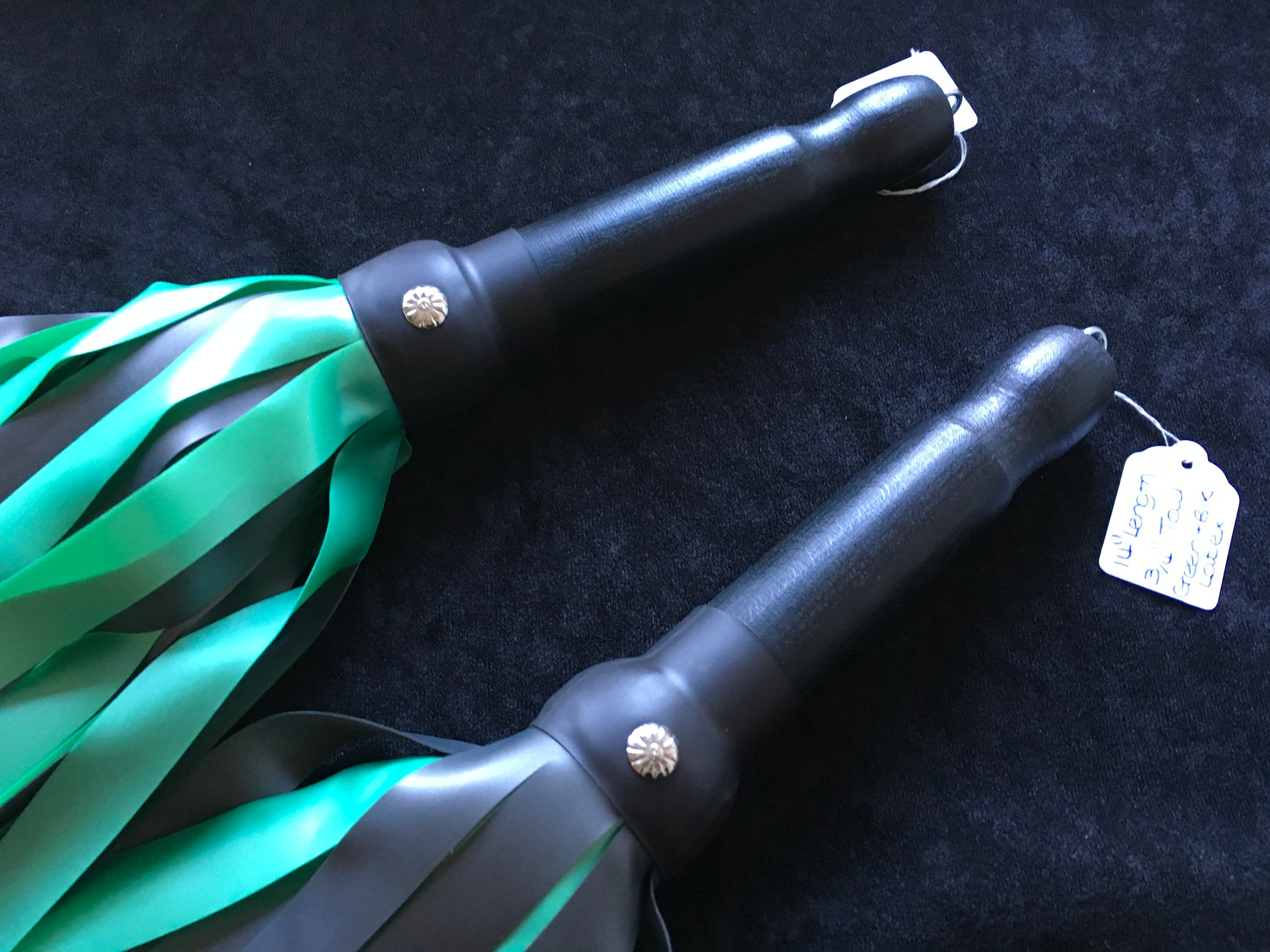 Green & Black Double Set Latex Flogger 48 14” 3/4” Tails vegan flogger ...