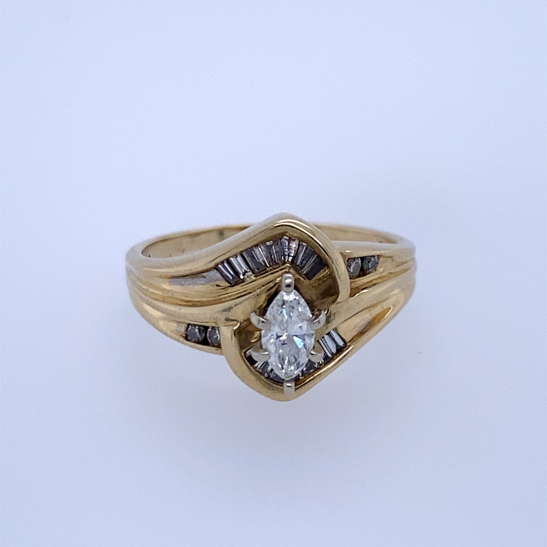 Marquise Cut Diamond Ring/14k/yellow Gold/baguette Diamonds/real Gold ...
