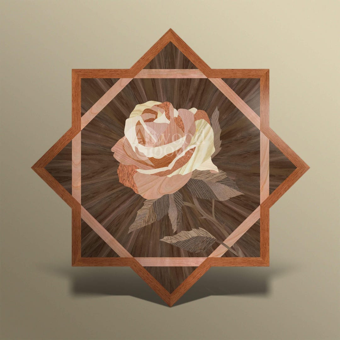 Wood Floor Inlay "rosy Star" - Wooden Rose Inlay - Rose Flower ...