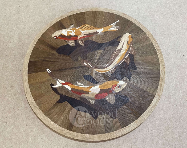 Wood Floor Medallion three Koi Wood Floor Inlay Japanese Fish Koi Fish ...