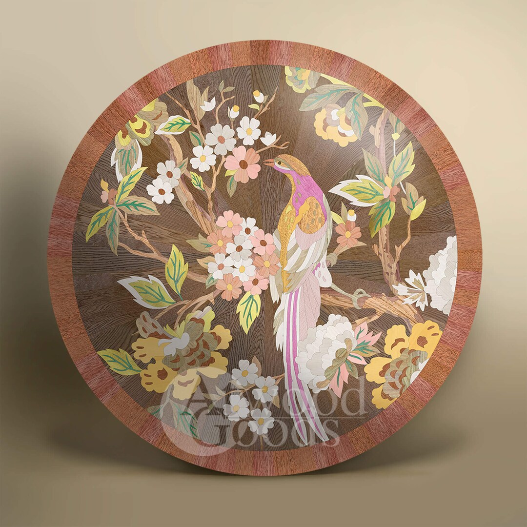Wood Floor Inlay "flowering Bird" - Wood Floor Medallion Hardwood Inlay ...