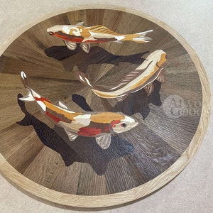 Wood Floor Medallion "three Koi" - Wood Floor Inlay - Japanese Fish Koi ...