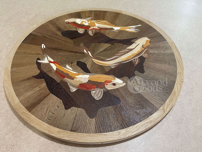Wood Floor Medallion three Koi Wood Floor Inlay Japanese Fish Koi Fish ...