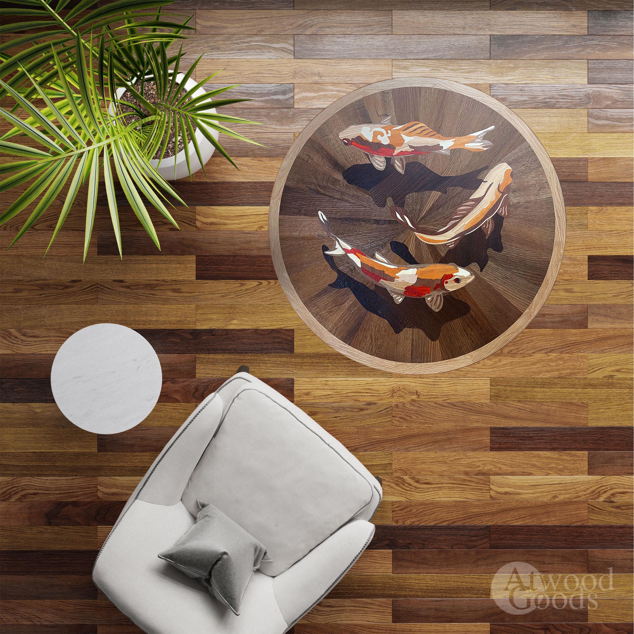 Wood Floor Medallion "three Koi" - Wood Floor Inlay - Japanese Fish Koi ...