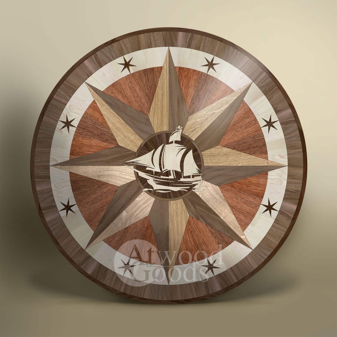 Wood Compass Rose Inlay "treasure Star" - Wood Floor Inlay Handcrafted ...
