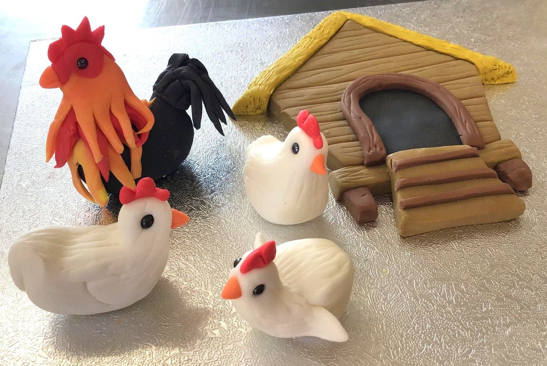 2D Chicken Coop With a Cockerel and 3 Hens Edible Sugar Cake Topper - Etsy