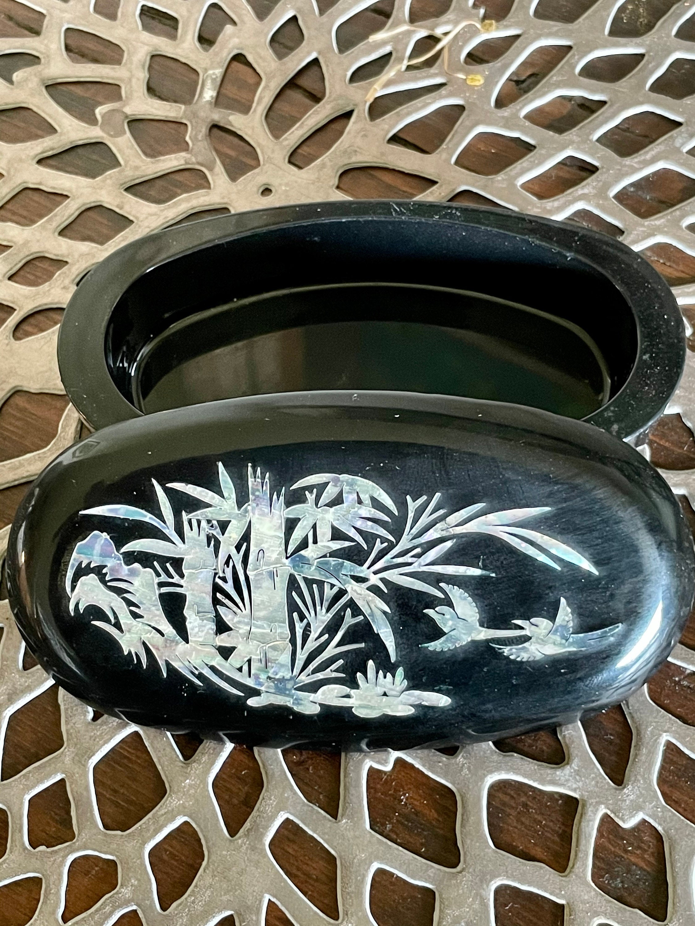 Black Lacquer Box Abalone Shell Inlay Trinket Box Asian Decor Bamboo ...