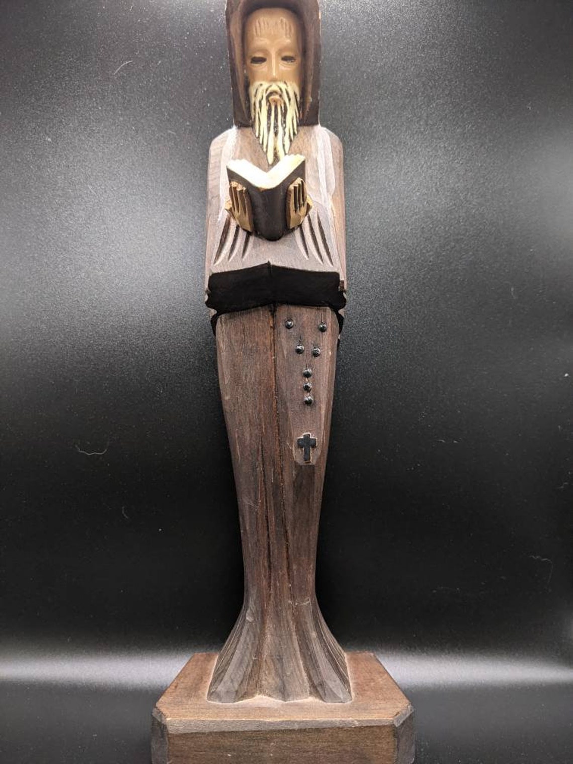Vintage Carved Monk Holding Bible With Rosary - Etsy