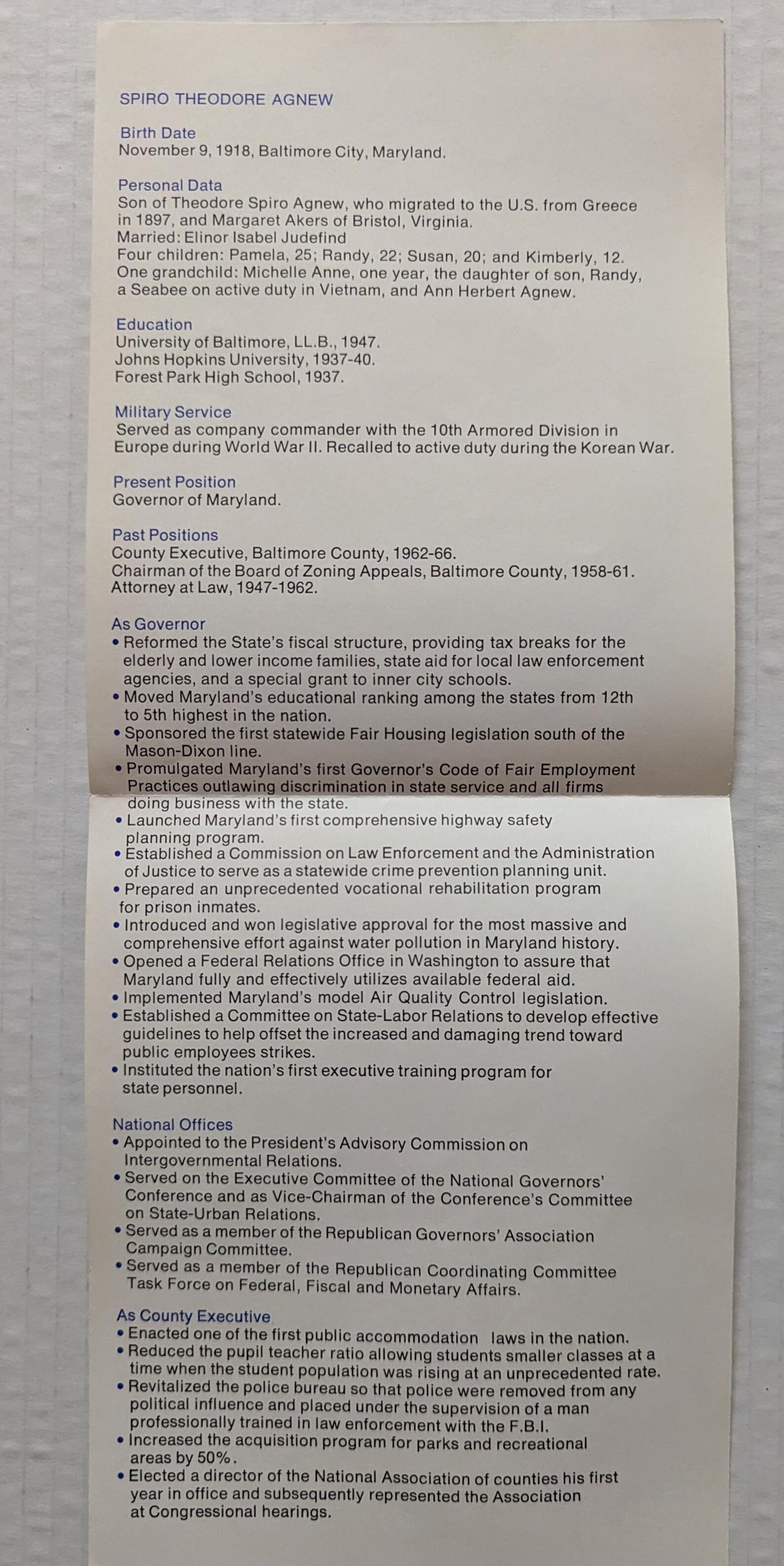 Spiro Theodore Agnew "resume" ~ Campaign Handout - Etsy