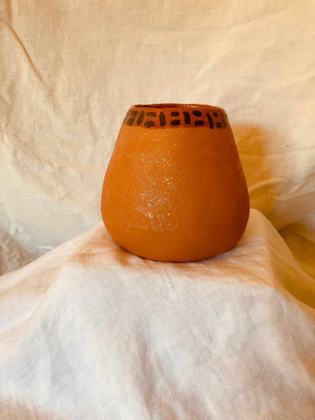 Micaceous Clay Pot With Glaze Decorated Rim - Etsy