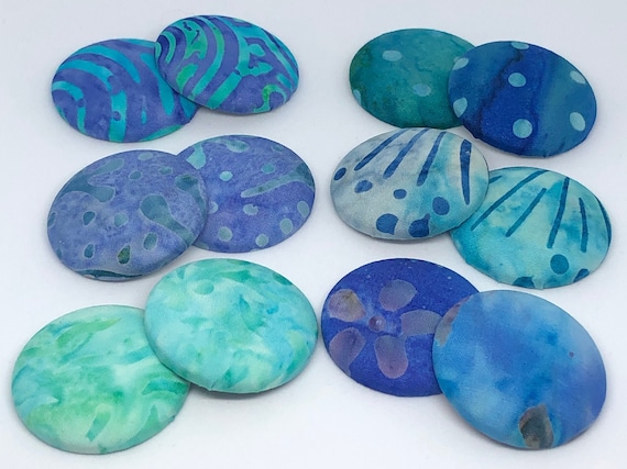 Fabric Covered Blue and Green Print Button Earrings Nickel | Etsy