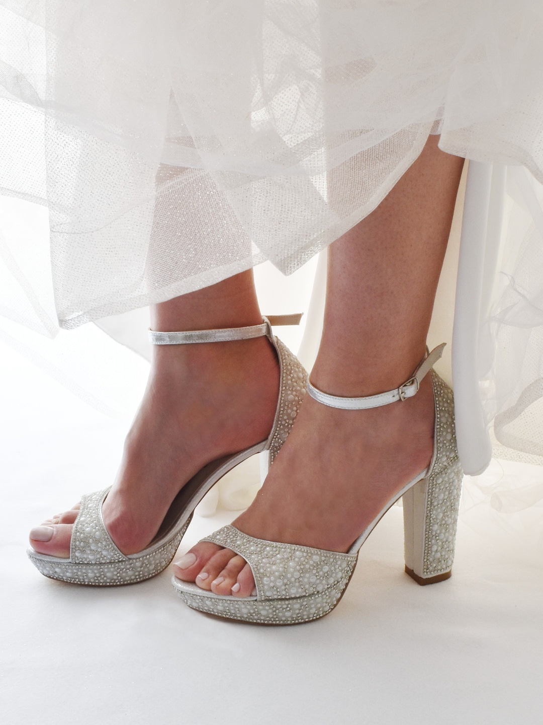Luxury Sparkling Bridal Shoes, White Glitter Wedding Sandals, Elegant ...